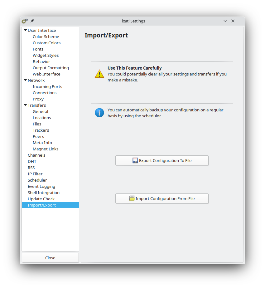 Settings - Import Export - Tixati